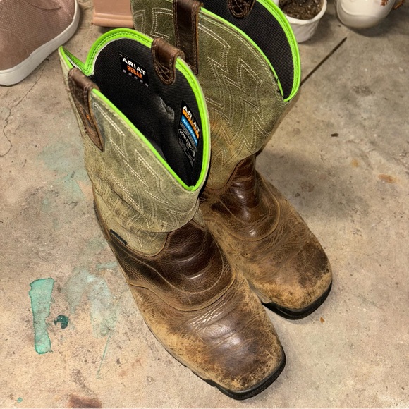 Ariat | Shoes | Ariat Boots Brown Leather Olive Green Upper Work ...